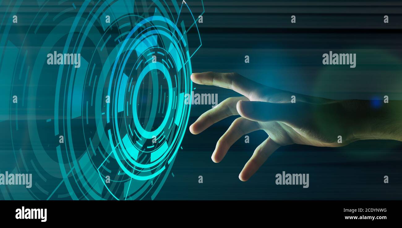 Person reaching out to virtual panel with hand Stock Photo - Alamy