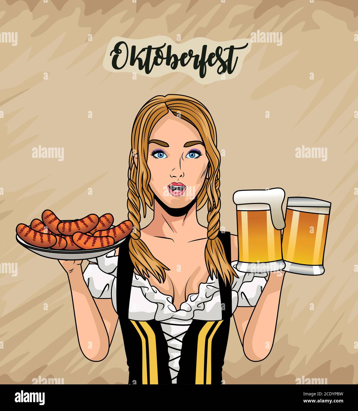 woman cartoon with traditional cloth beer glasses and sausages design ...