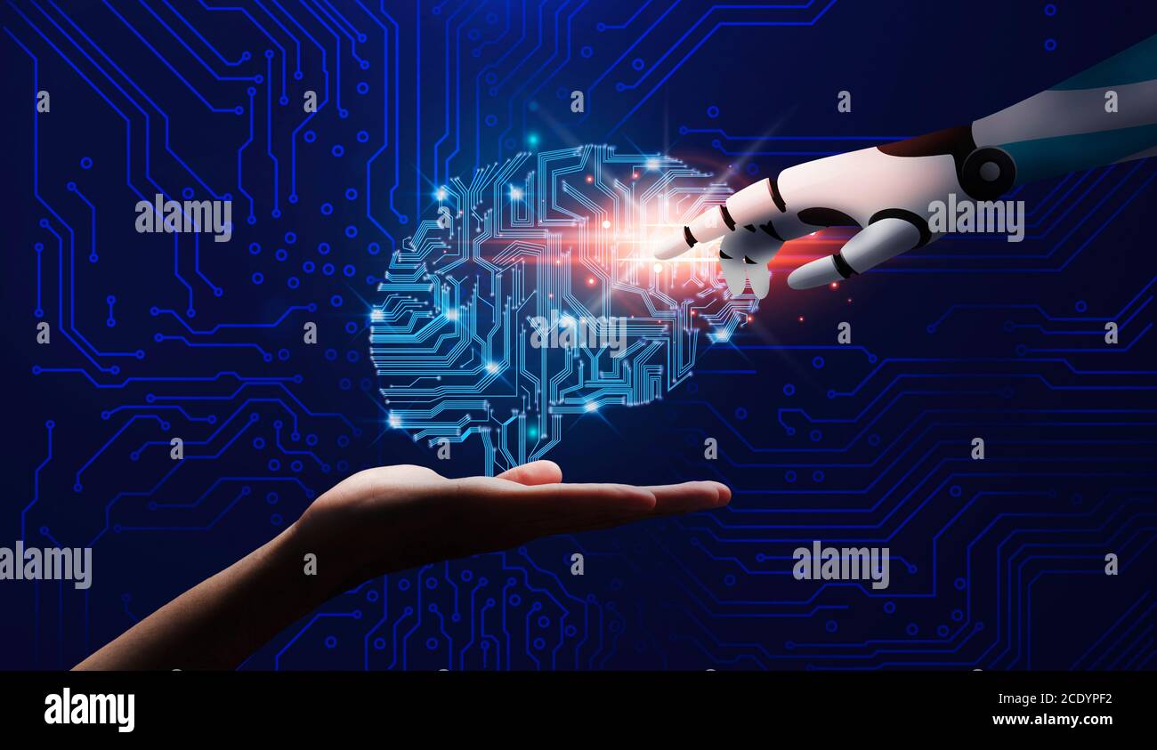 Human And Robotic Hand Touching Circuit Board Brain Over Abstract ...