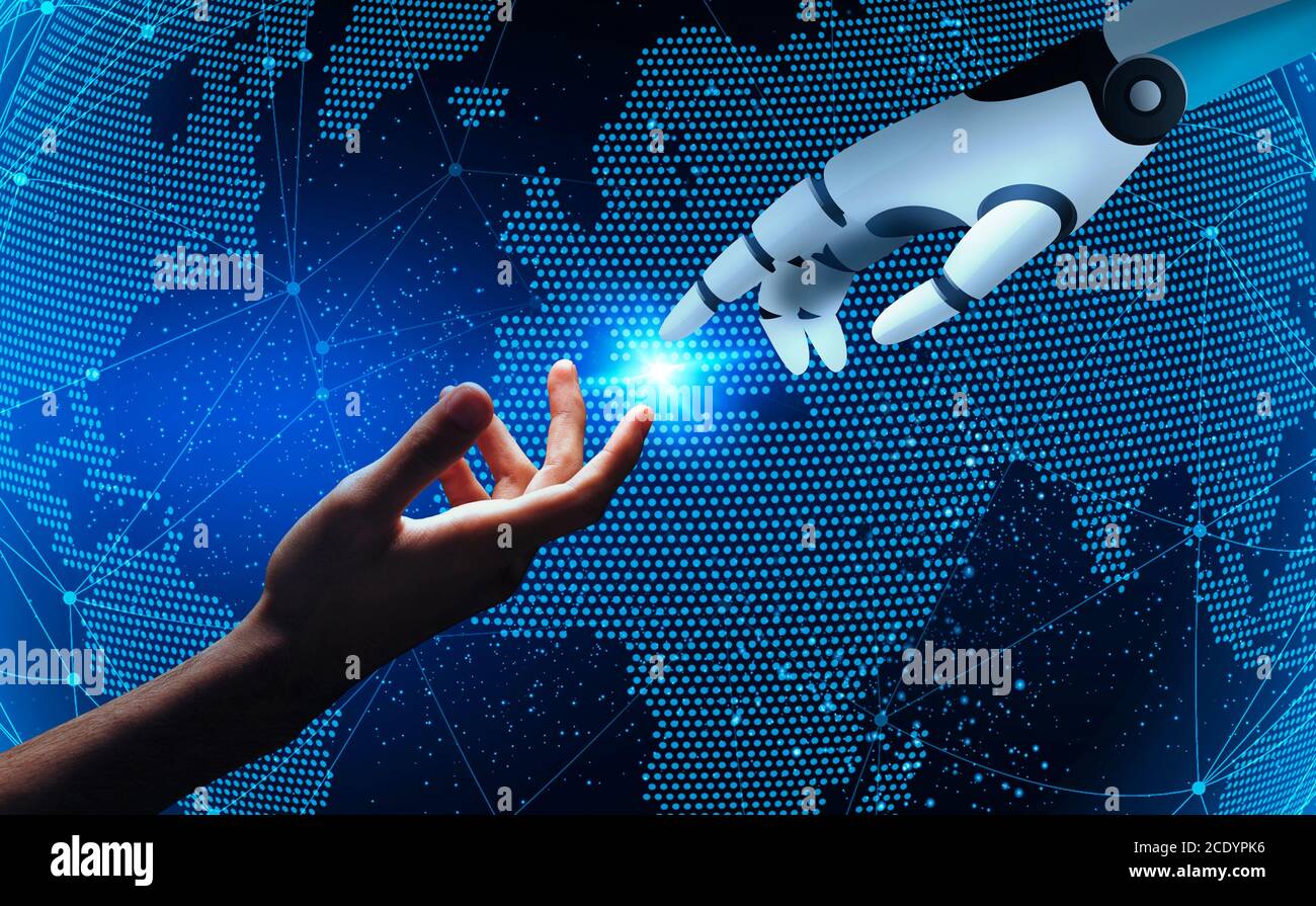 Human And Artificial Intelligence Cooperation. Male And Robotic Hand ...