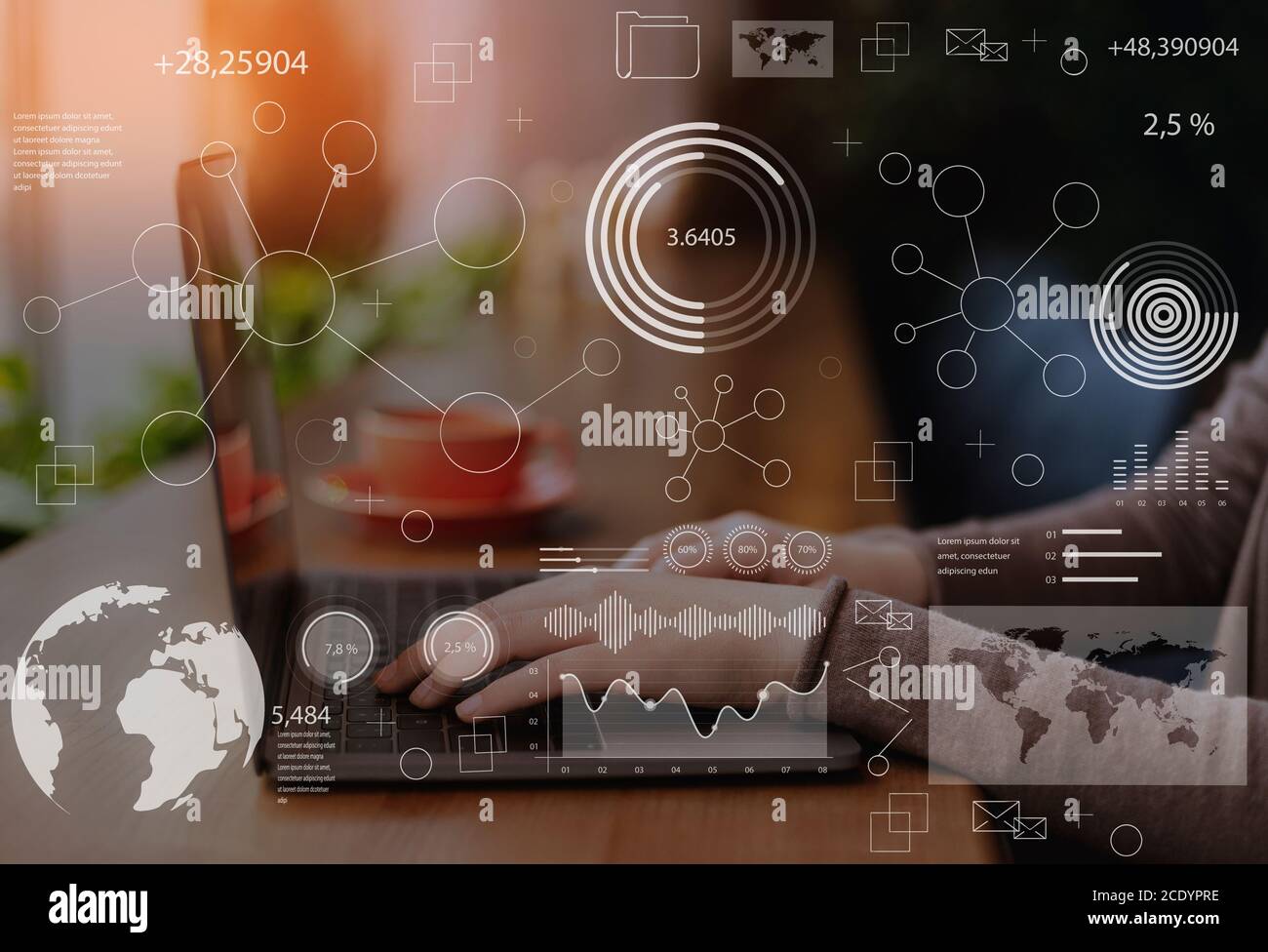 Analytic Info Data On Transparent Screen Layered Over Woman Using ...