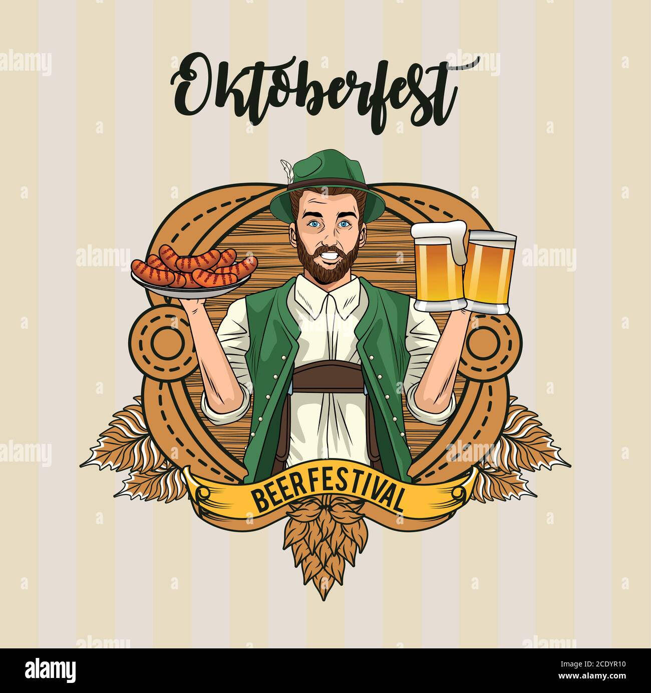 man cartoon with traditional cloth beer glasses and sausages design ...