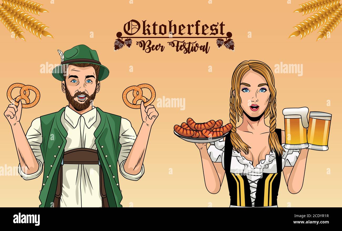 woman and man cartoon with traditional cloth beer glasses pretzels and ...
