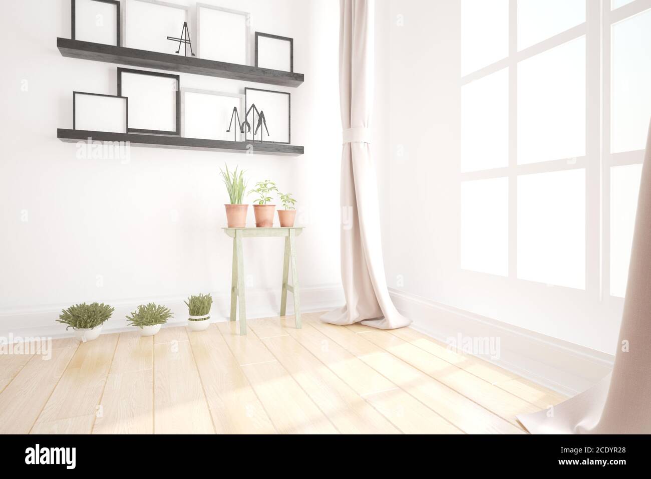 modern empty room with shelf with frames,plants and curtains interior ...