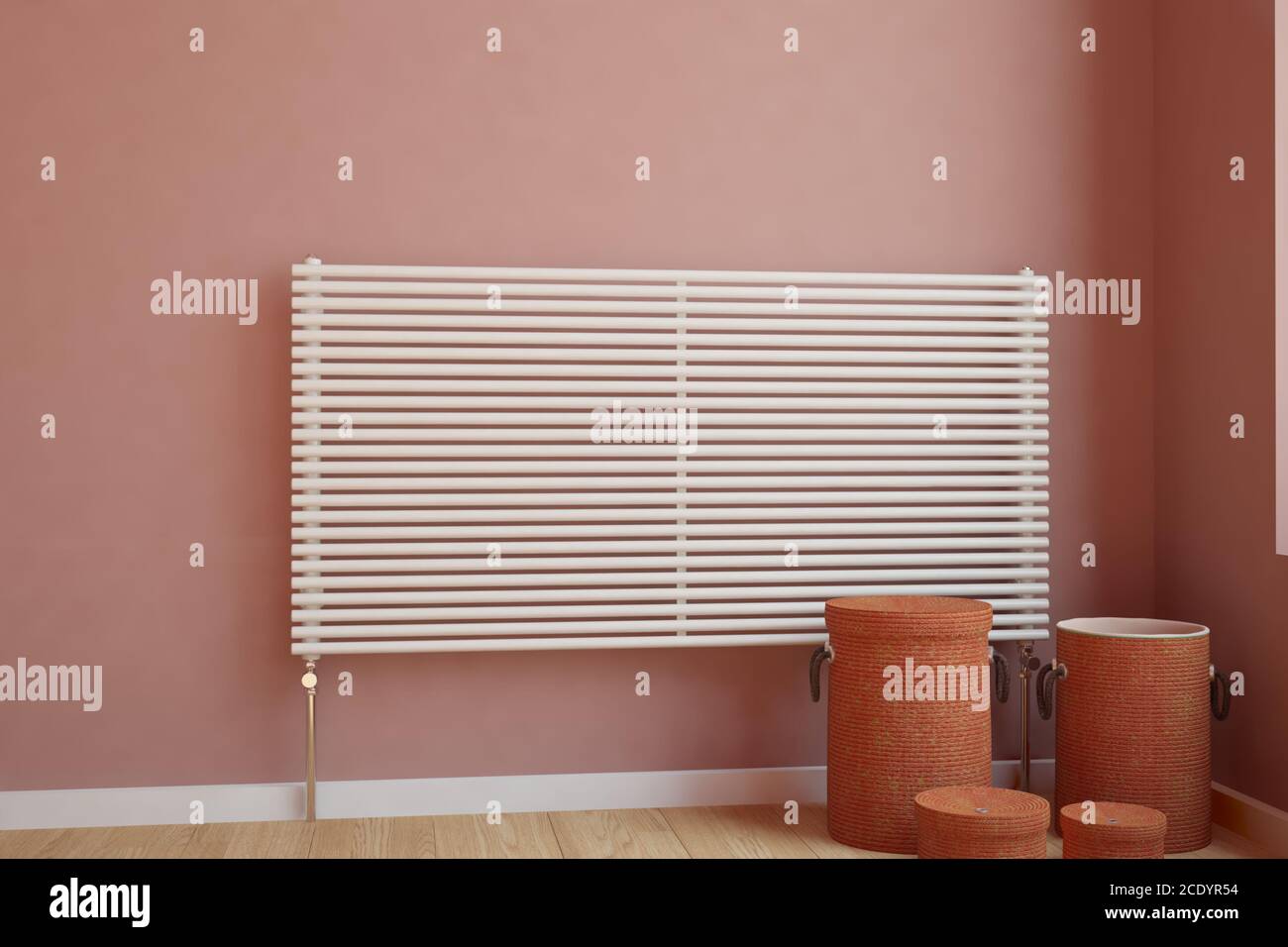 modern room with white heating battery and baskets interior design. 3D ...
