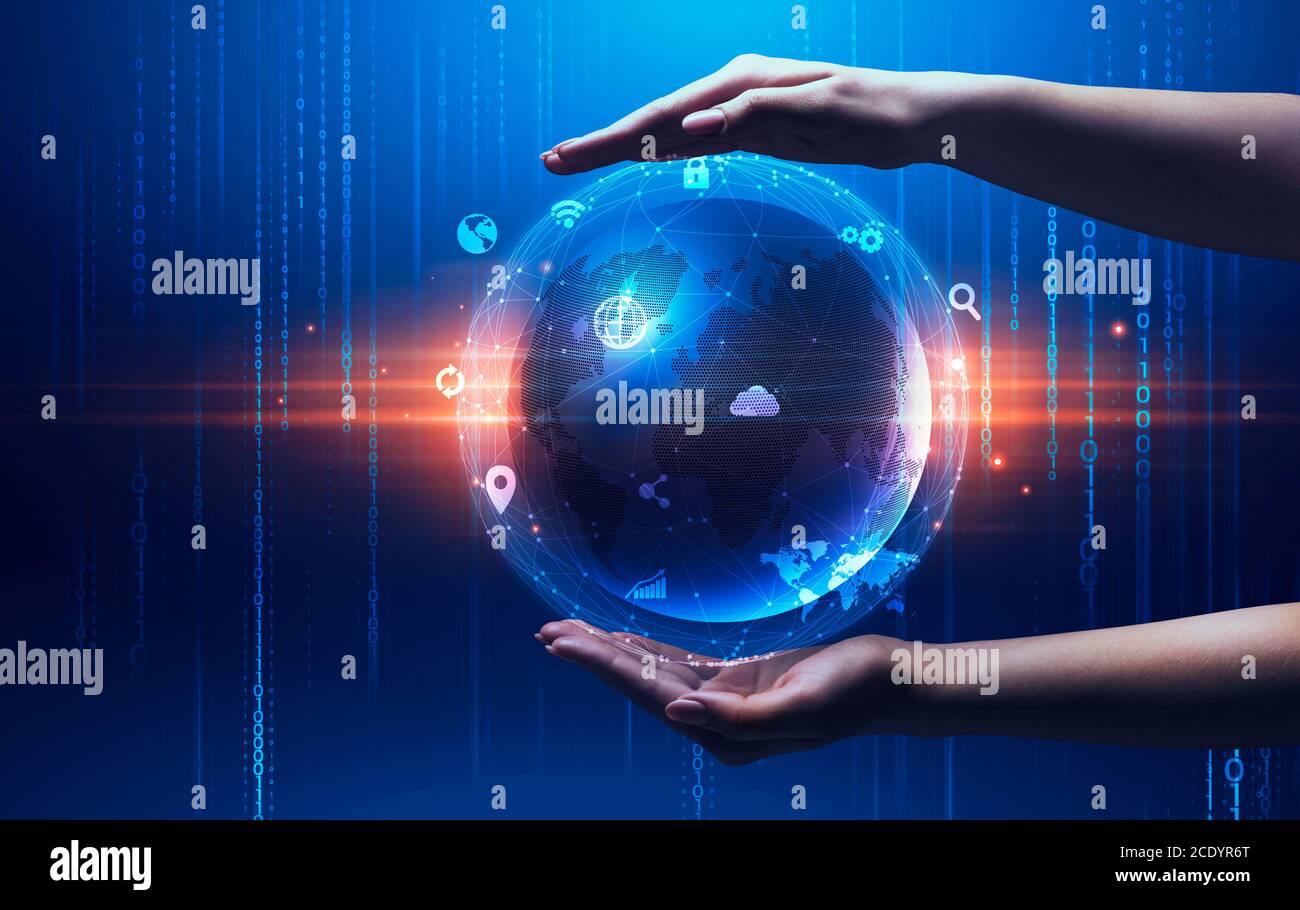 Global Data Management And Modern Technologies. Feamle Hands Holding ...