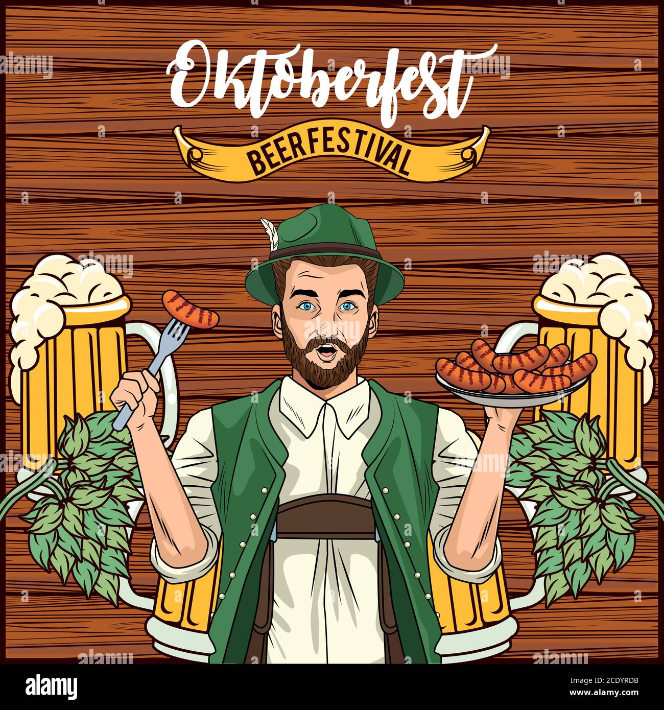 man cartoon with traditional cloth beer glasses and sausages design ...