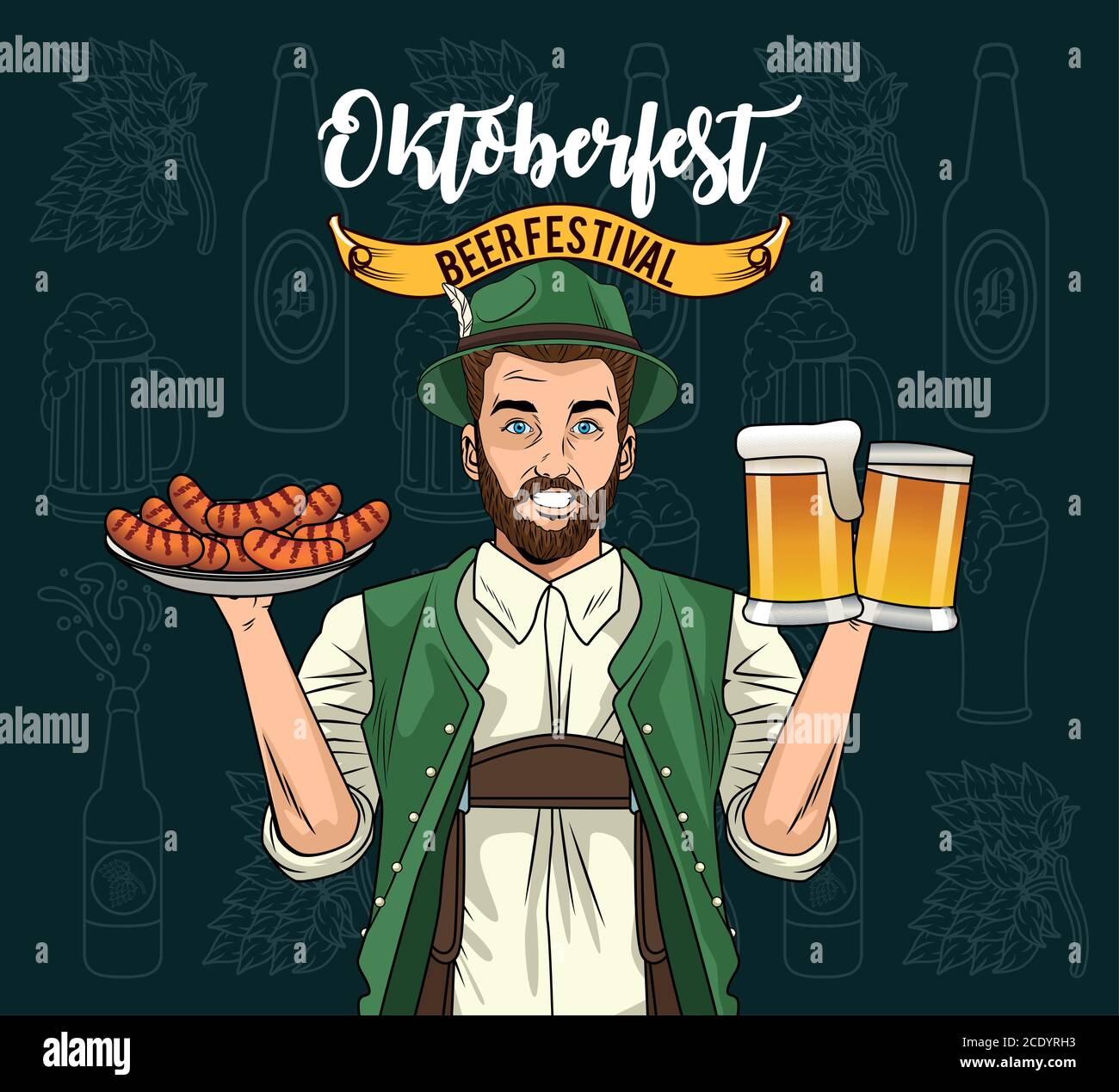 man cartoon with traditional cloth beer glasses and sausages design ...