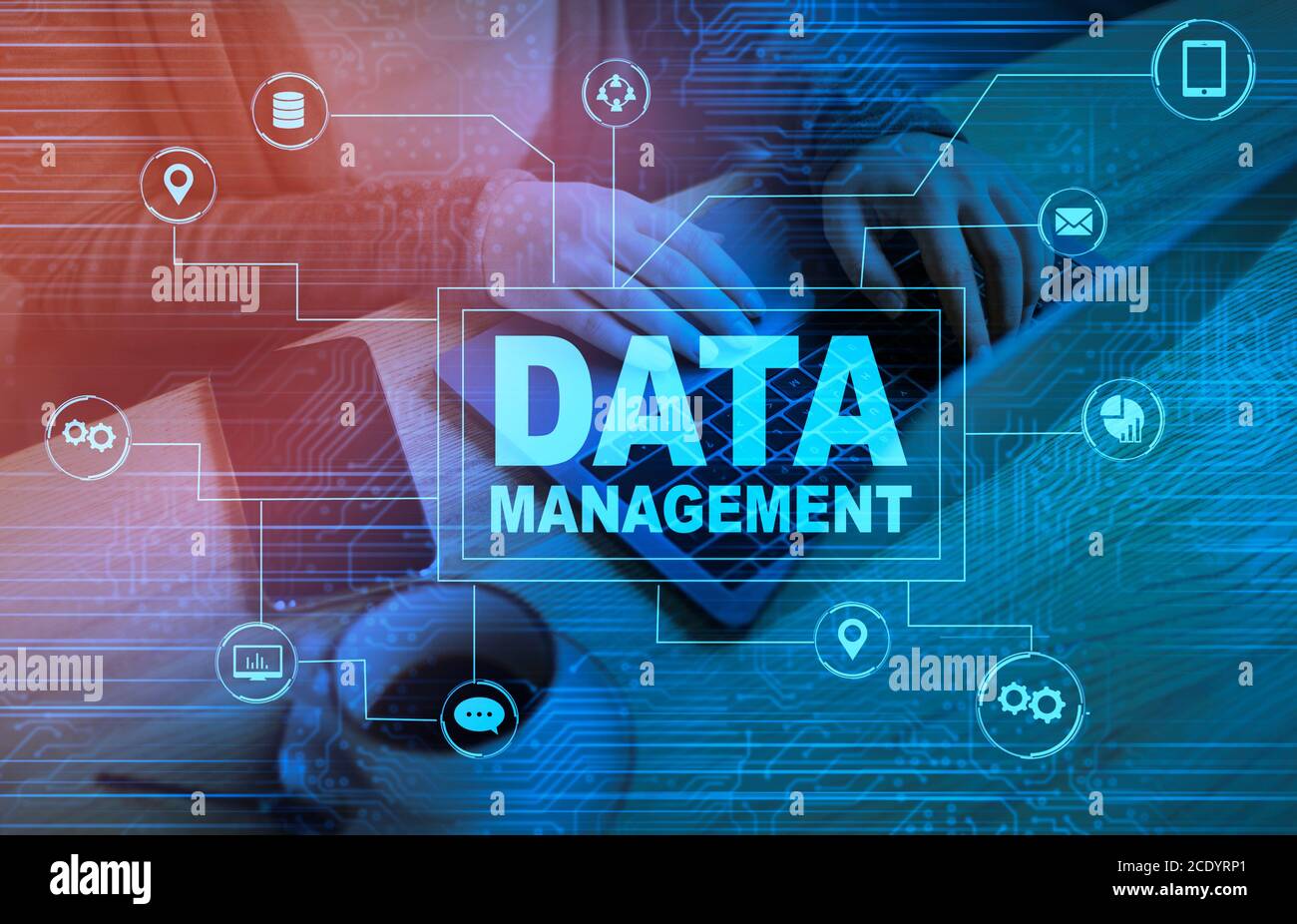 Business Data Management. Creative Collage With Woman Working On Laptop ...