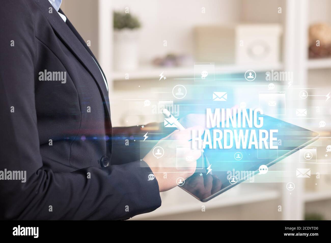 Close-up of a tablet searching MINING HARDWARE inscription, modern ...