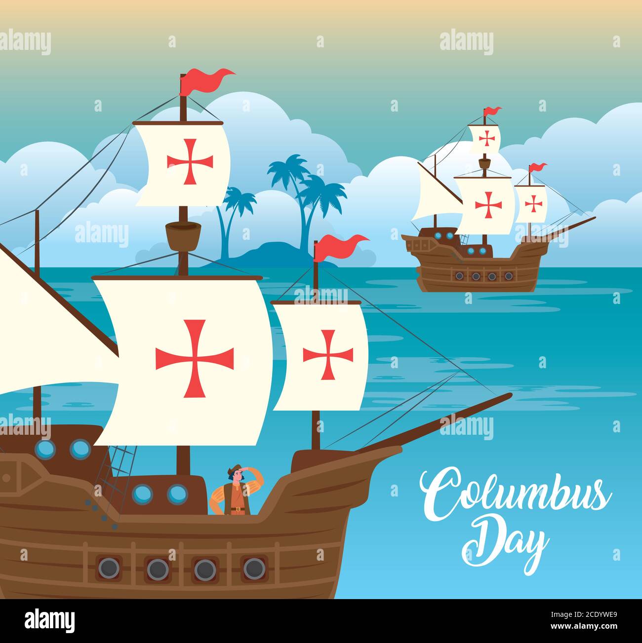 Christopher Columbus cartoon in ship at sea vector design Stock Vector ...