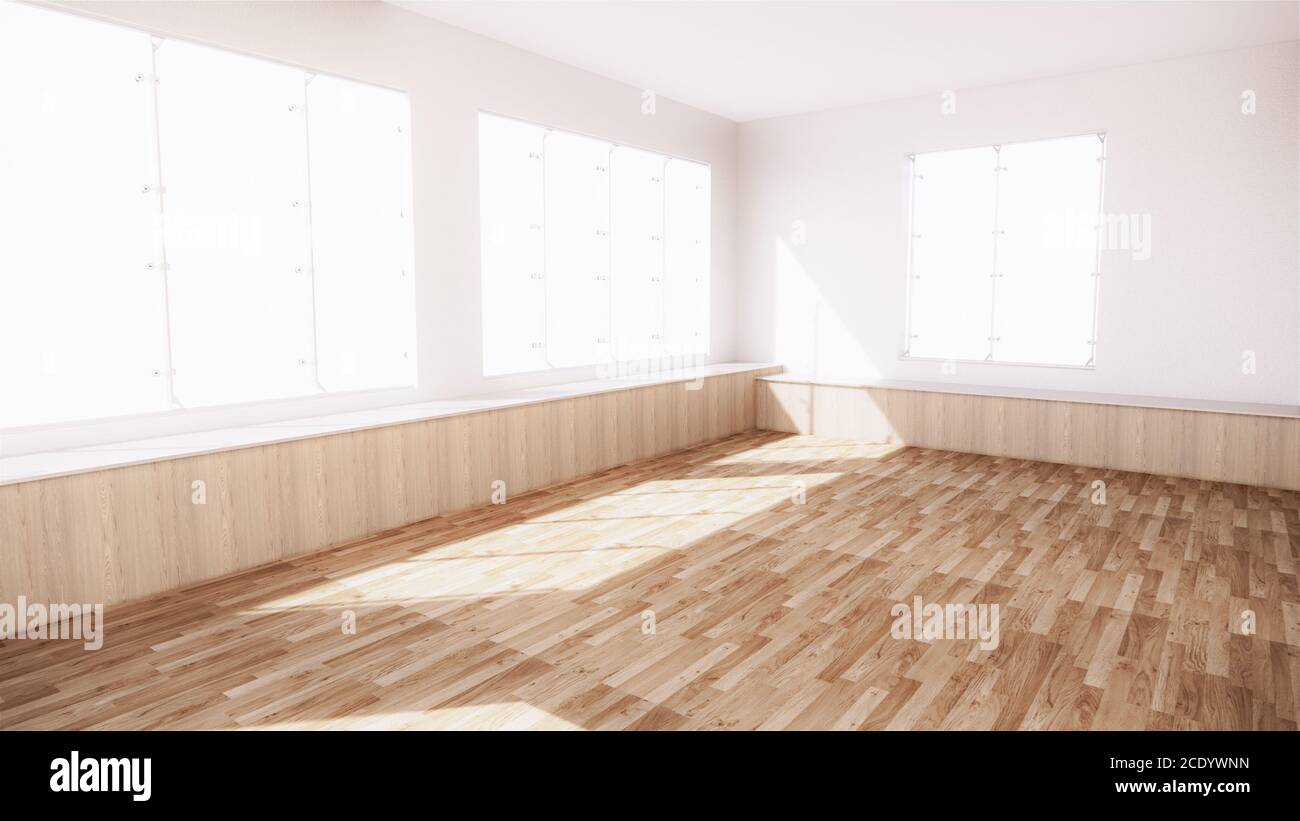 large room, wide open Clean white wall and wood grain floor with sun ...