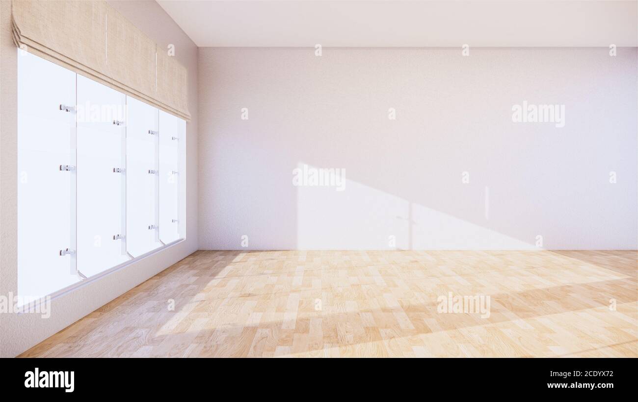 large room, wide open Clean white wall and wood grain floor with sun ...