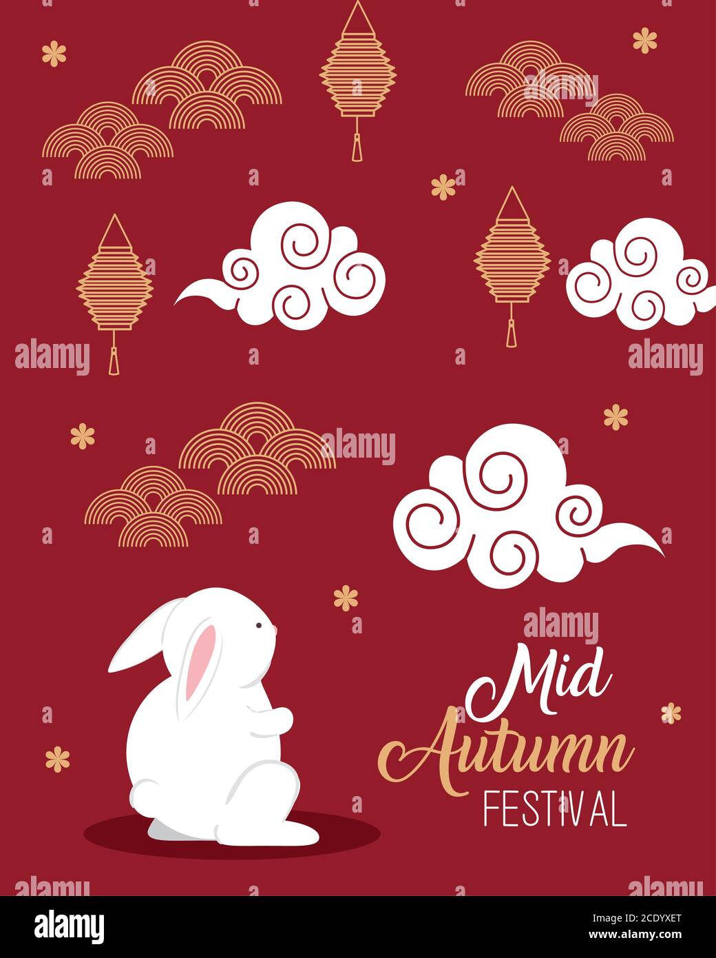 rabbit with clouds and lanterns of happy mid autumn festival vector ...