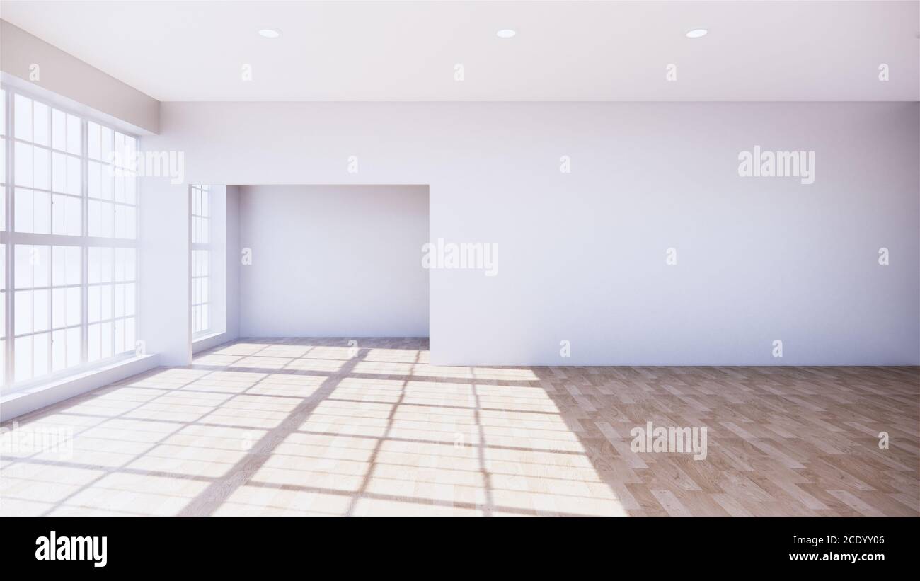 large room, wide open Clean white wall and wood grain floor with sun ...