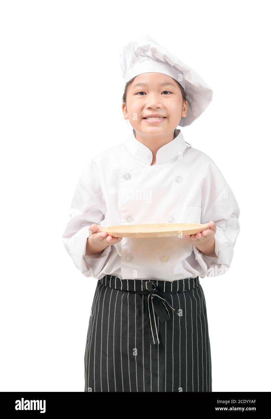 Happy Kid chef in uniform holding empty plate isolated on white ...