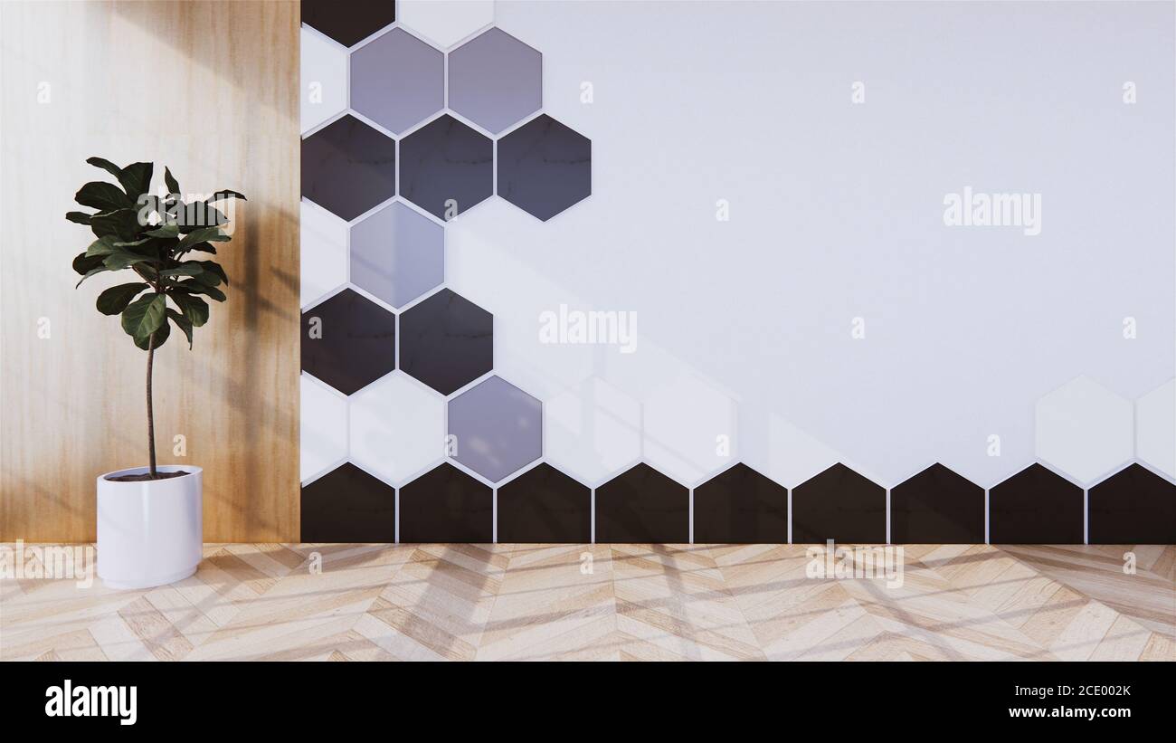 Black Hexagon tile wall on Empty white room on wooden floor interior ...