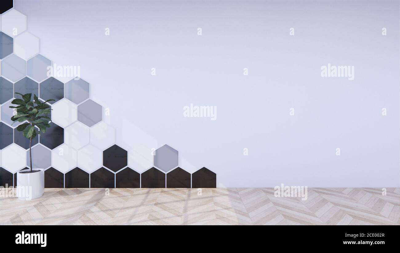 Black Hexagon tile wall on Empty white room on wooden floor interior ...