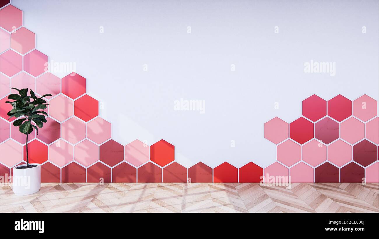 Red Hexagon tiles wall on Empty white room on wooden floor interior ...