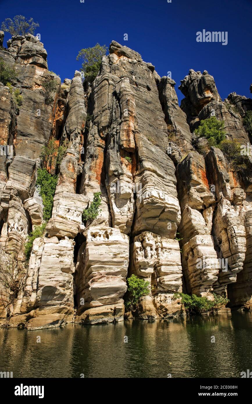 Western Australia – rocky eroded cliffs with trees and shrubs at a ...