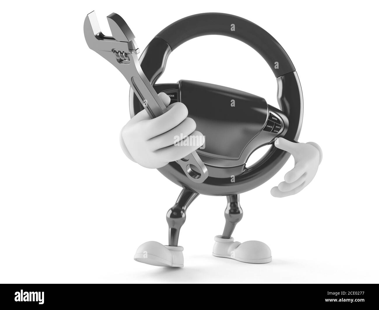 Car steering wheel character holding adjustable wrench isolated on ...