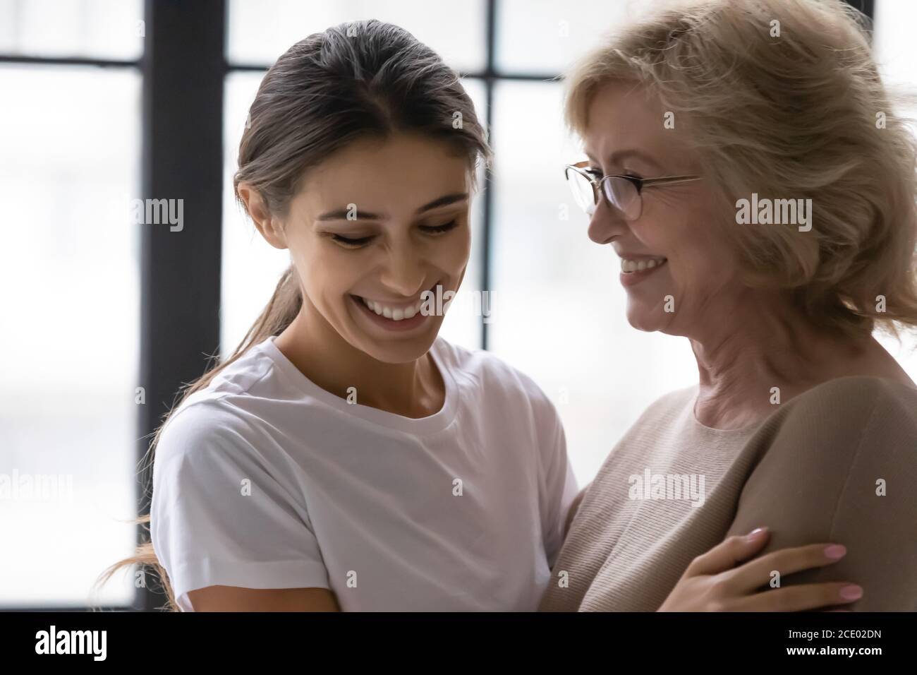 Joyful two generations family enjoying communicating indoors Stock ...