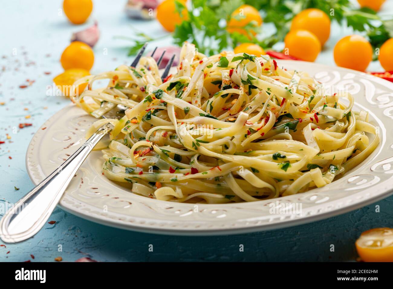 Pasta with hot pepper, parsley and garlic Stock Photo - Alamy