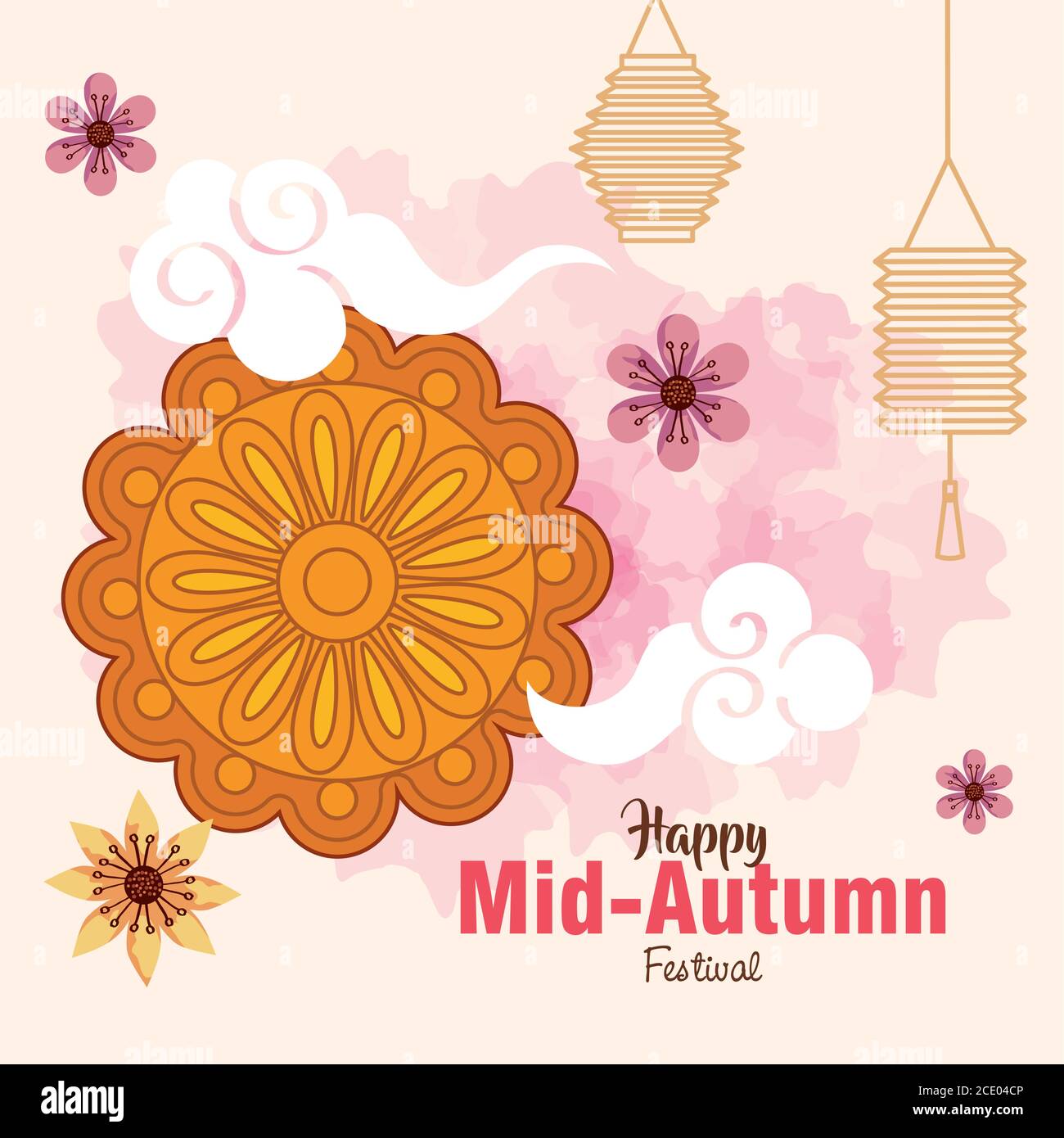 mooncake with flowers and lanterns of happy mid autumn festival vector ...