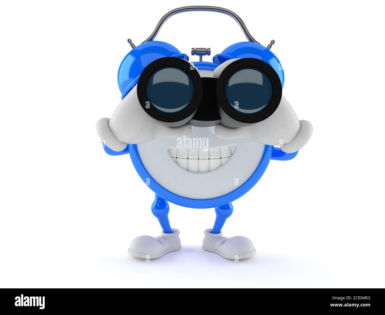 Alarm clock character looking through binoculars isolated on white ...