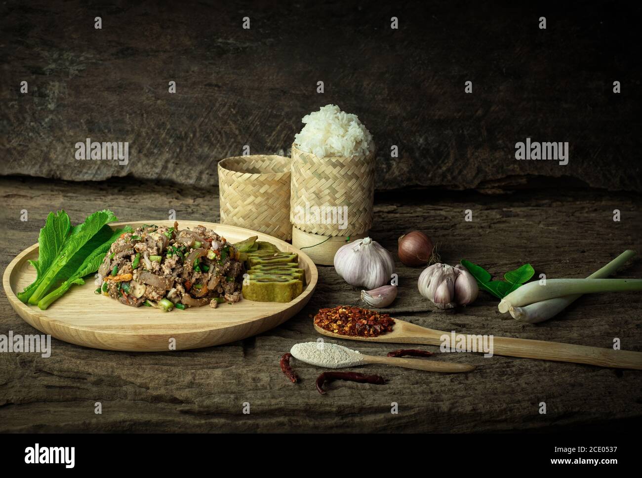 Spicy minced pork salad with sticky rice, Larb is traditional Thai food ...