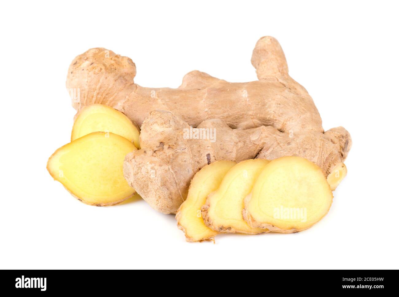 Slice of fresh ginger isolated on white background. Close up Stock ...
