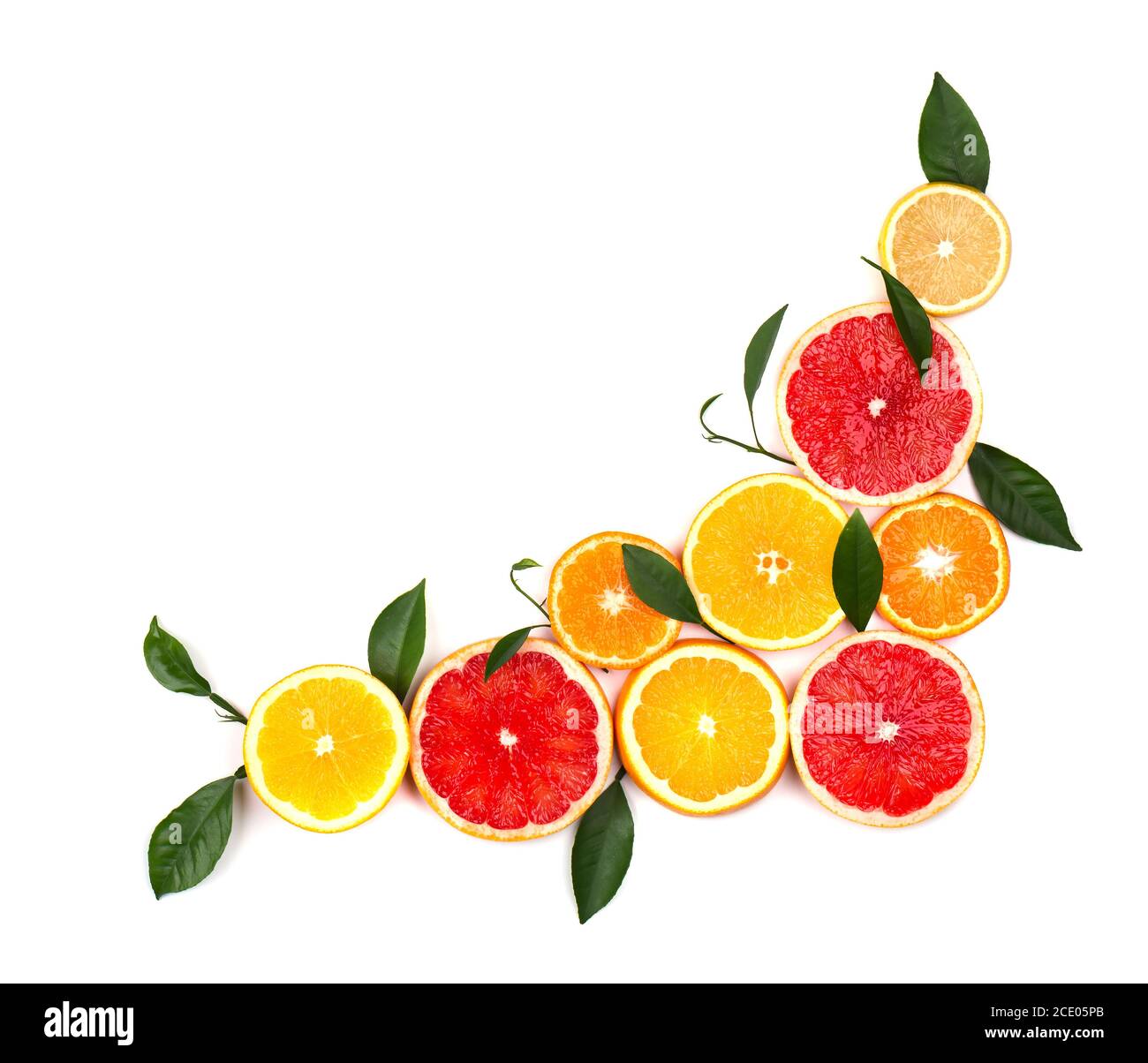 Isolated citrus fruits. Pieces of lemon, lime, pink grapefruit and ...