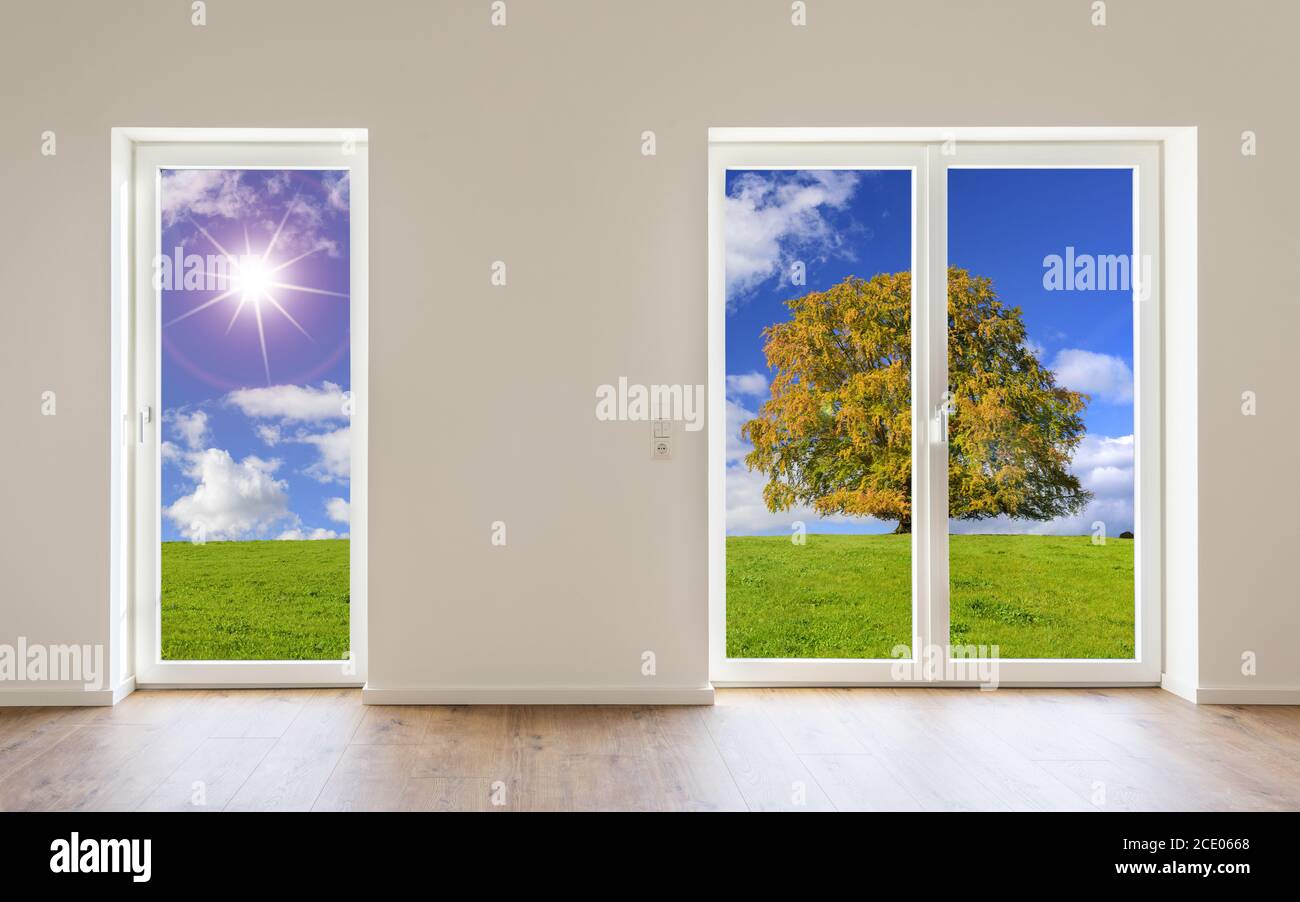 new built room with view through windows to nature Stock Photo - Alamy