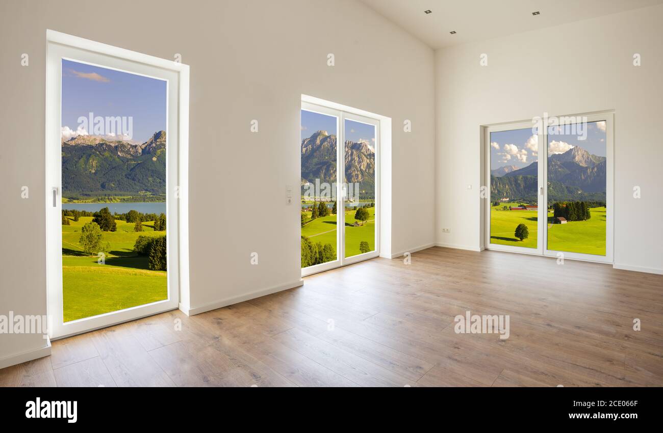 new built room with view through windows to nature Stock Photo - Alamy