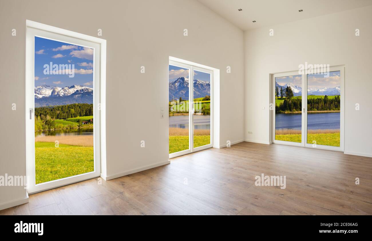 new built room with view through windows to nature Stock Photo - Alamy