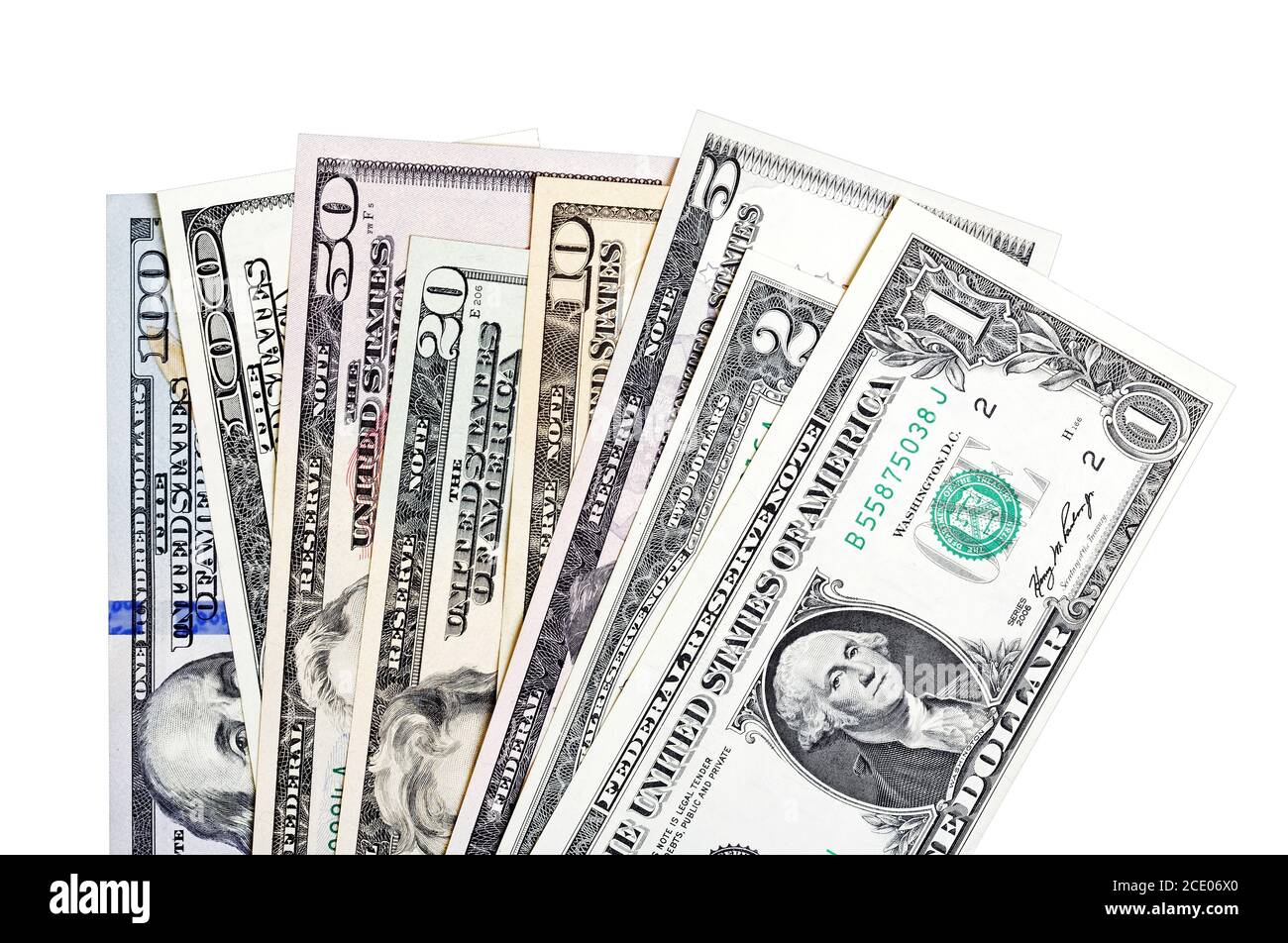 1, 2, 5, 10, 20, 50, 100 U.S. dollars bills, isolated on white ...