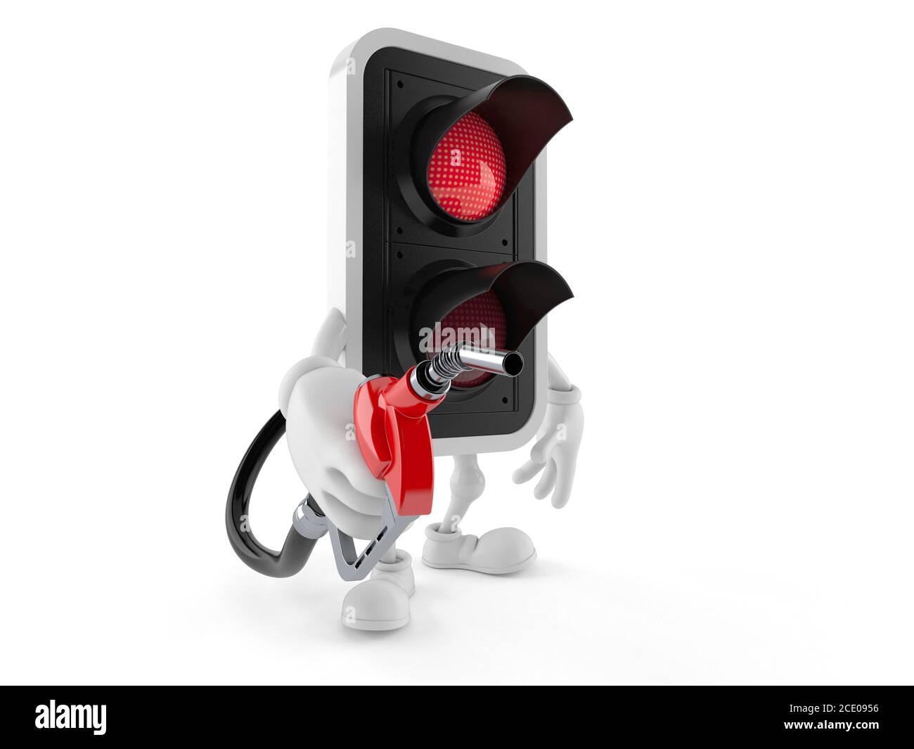Red light character holding gasoline nozzle isolated on white ...