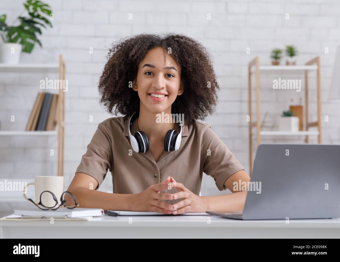 Study, work, education online at home at self isolation. Girl with ...