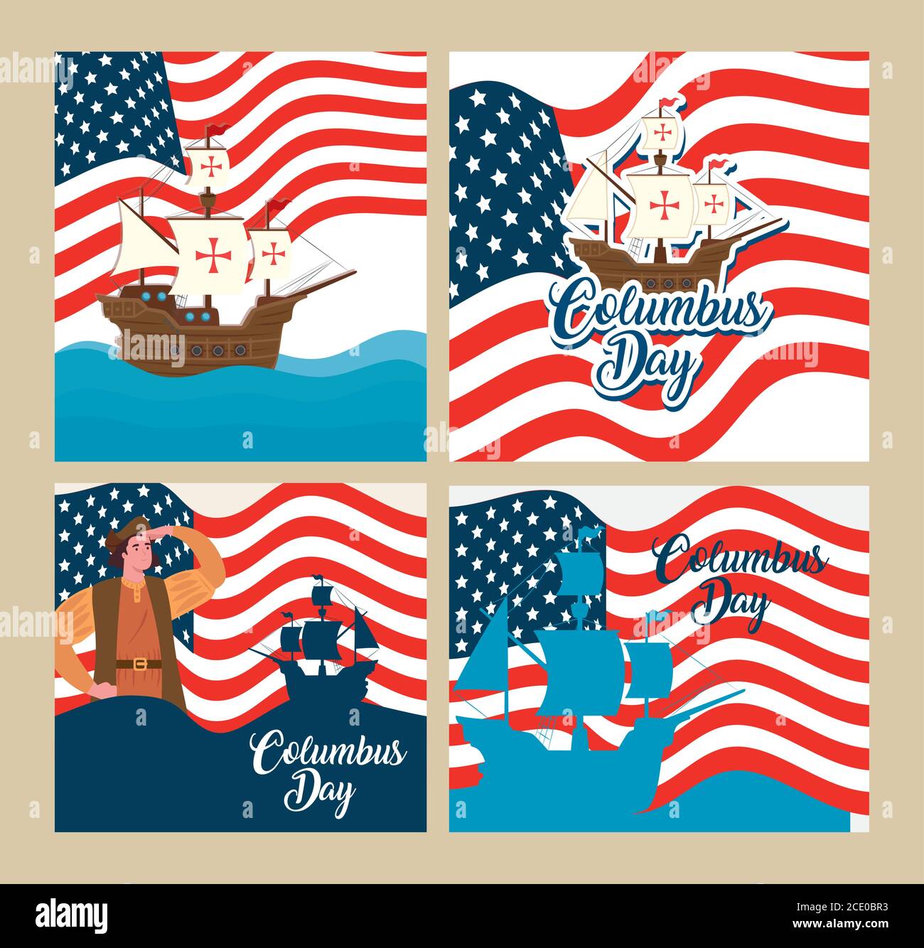 Christopher Columbus cartoon with ships and usa flags vector design ...