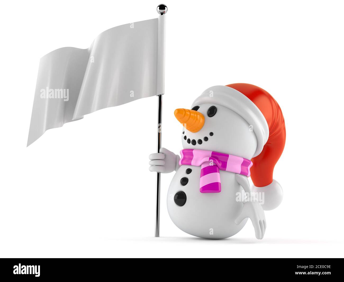 Snowman character holding white flag isolated on white background Stock ...