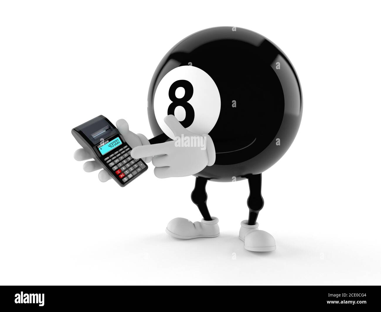 Eight ball character using calculator isolated on white background ...