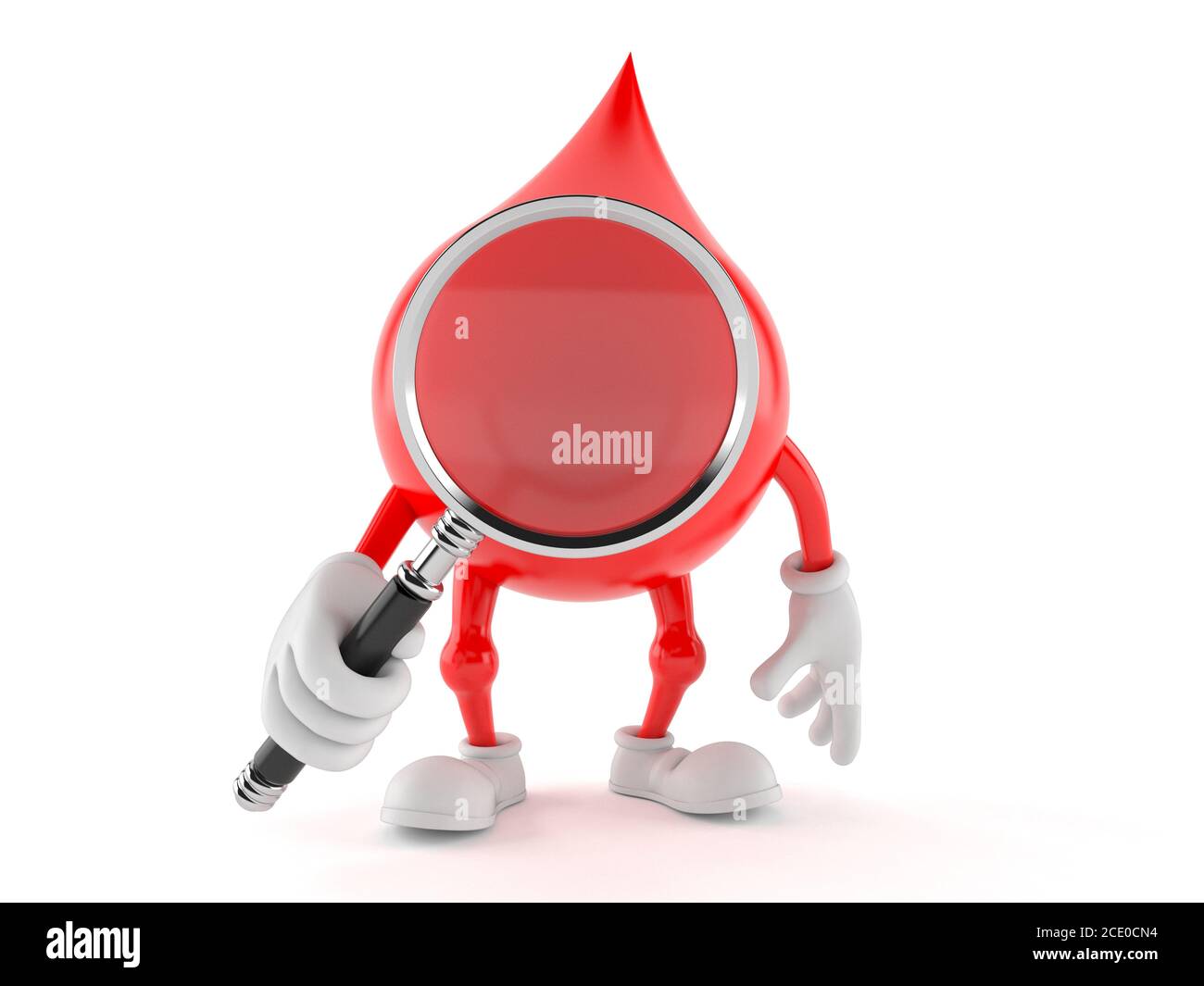 Blood drop character looking through magnifying glass isolated on white ...