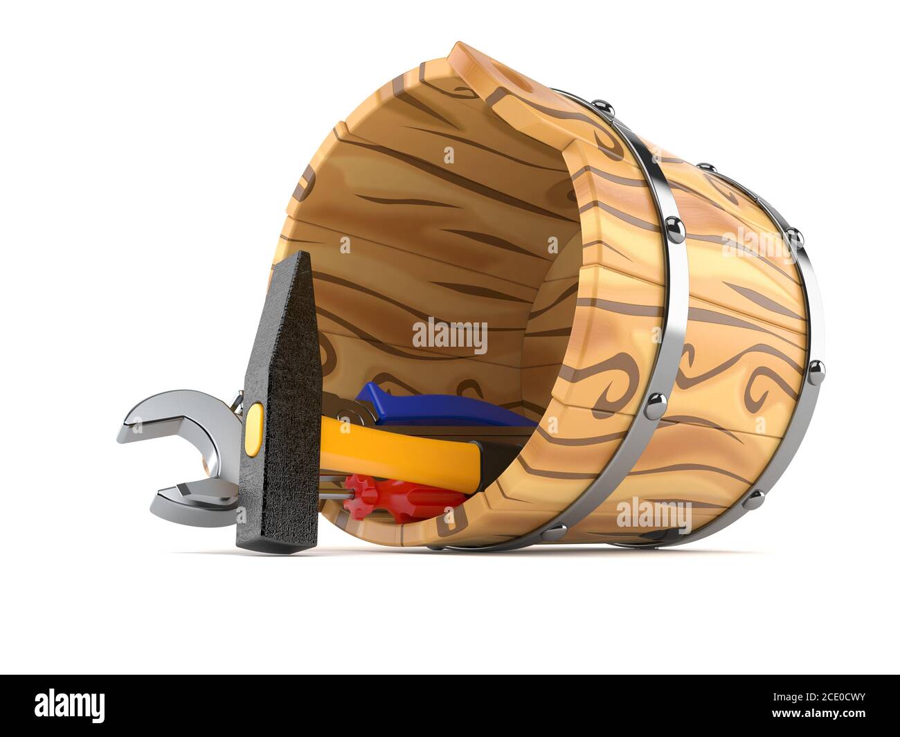Work tools inside wooden bucket isolated on white background Stock ...