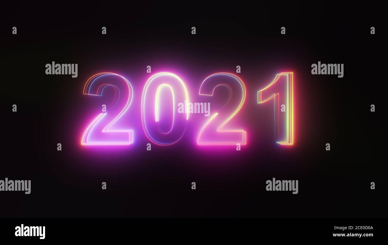 3D rendering background with multi-colored neon text 2021 on black ...
