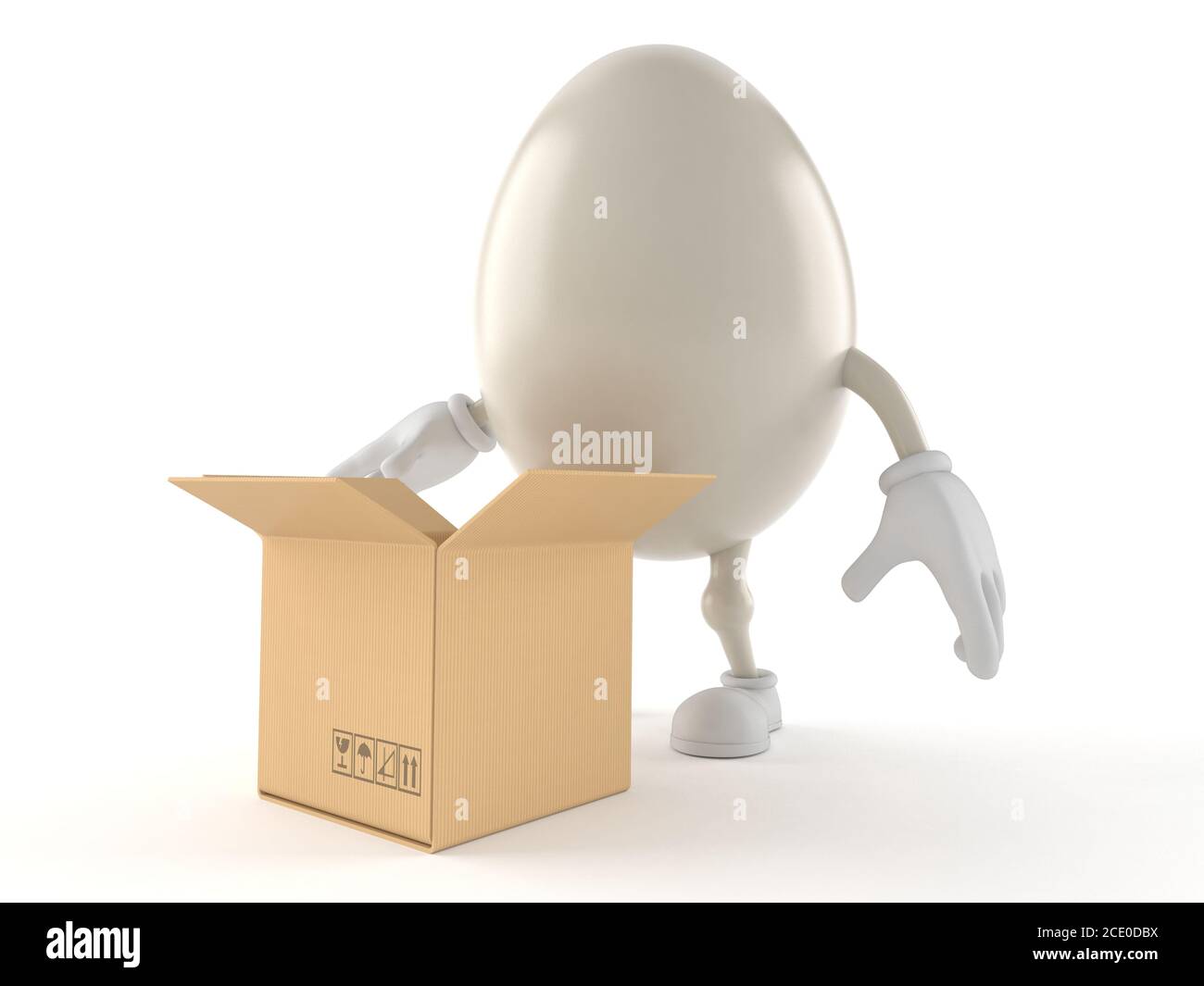 Egg character with open cardboard box isolated on white background ...