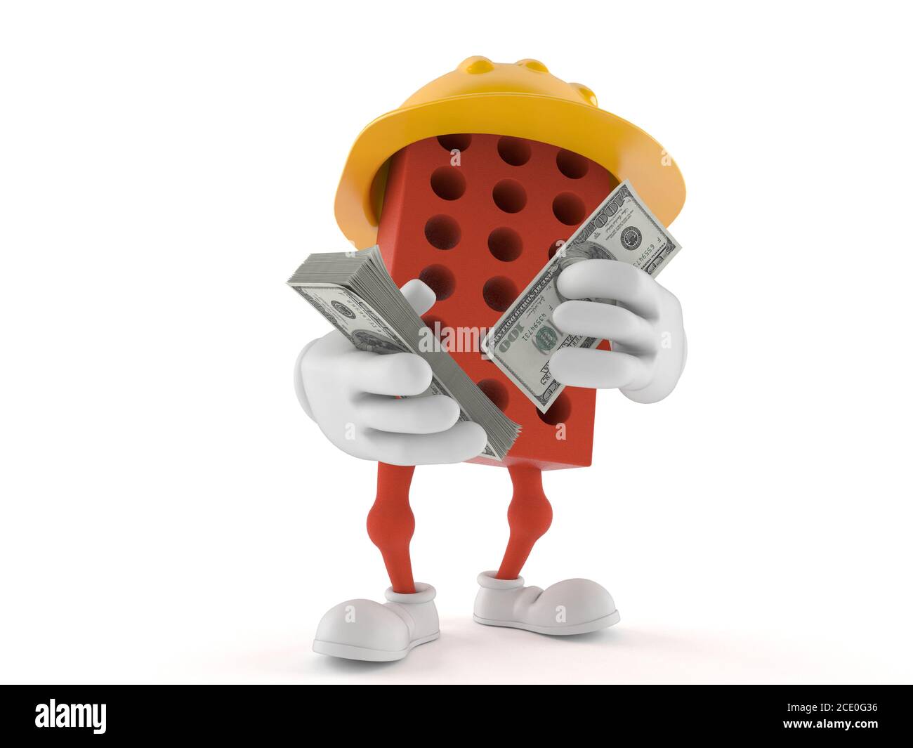 Brick character counting money on white background Stock Photo - Alamy