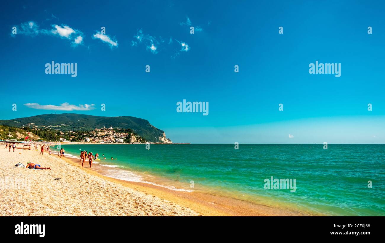The beach of Numana with the Conero mount in the background in a ...