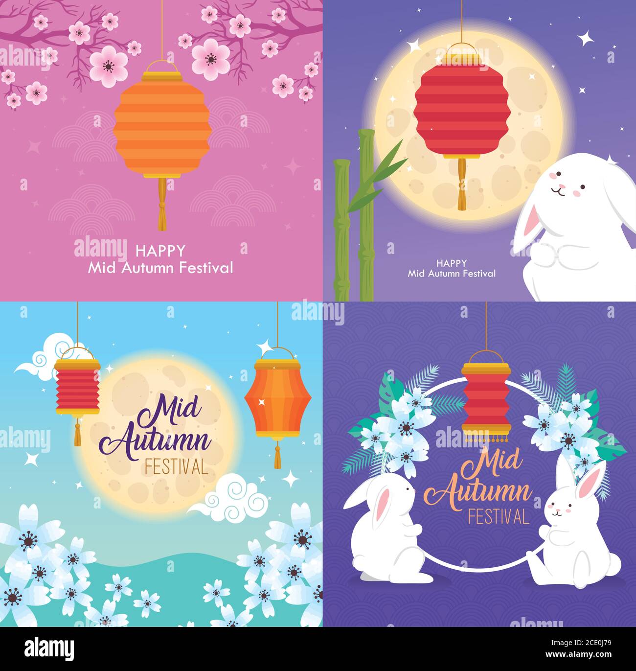 frames with rabbits and lanterns of happy mid autumn festival vector ...