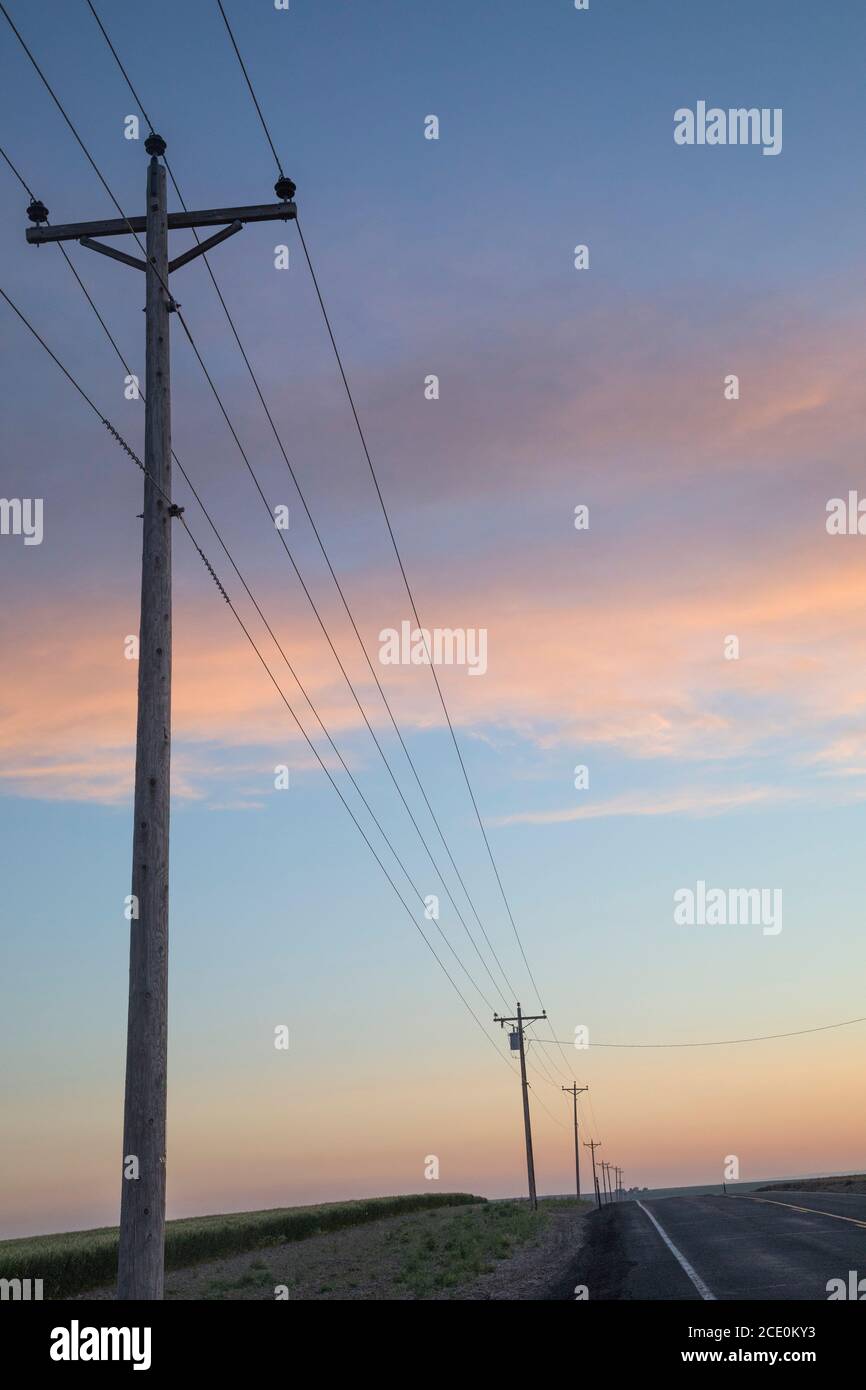 Telegraph posts along road under evening sky Stock Photo - Alamy