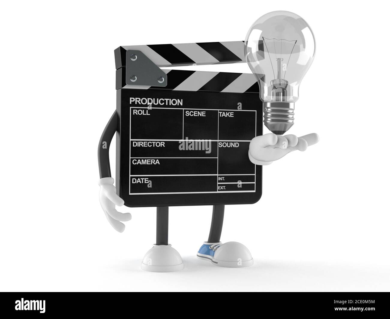 Film slate character with lightbulb isolated on white background Stock ...